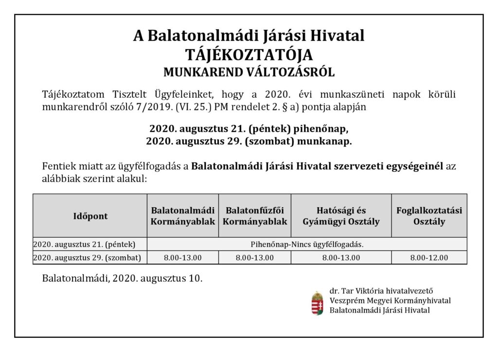 Tájékoztató a Balatonalmádi Járási Hivatal munkarend változásáról ...